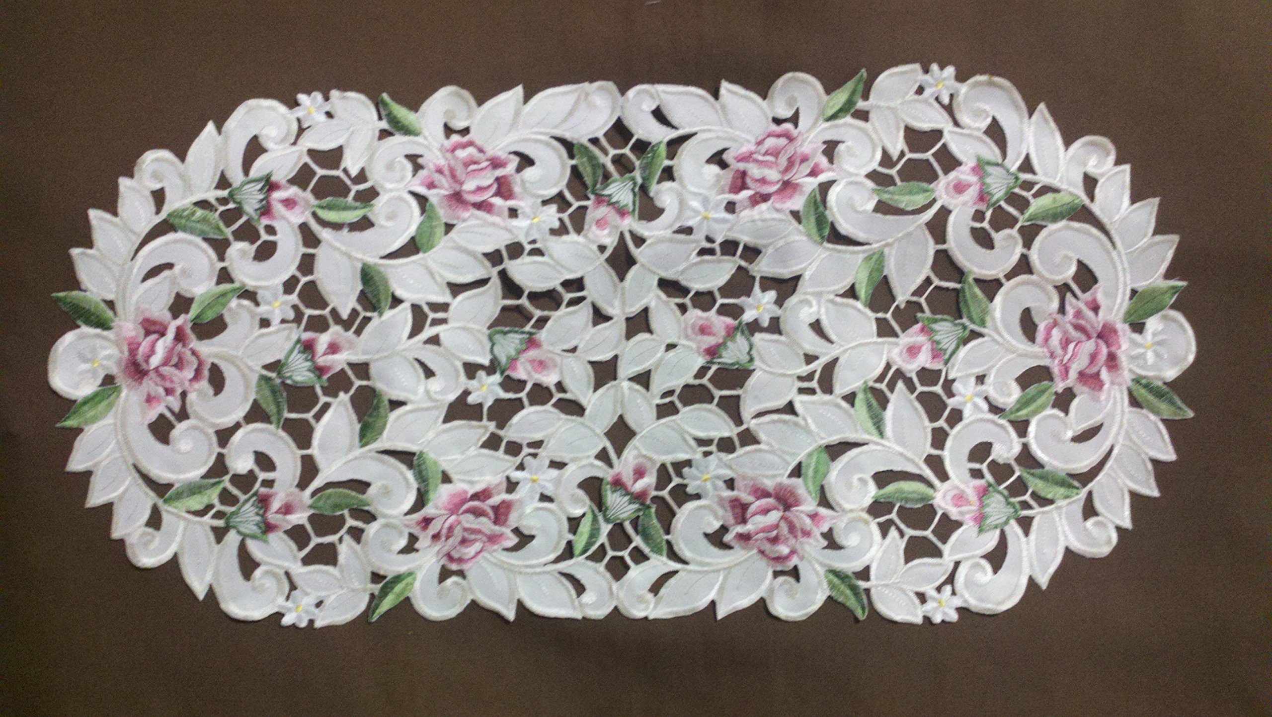 Doily Boutique Place Mat or Doily with a Light Pink Cutwork Rose, Size 11 x 17 inches