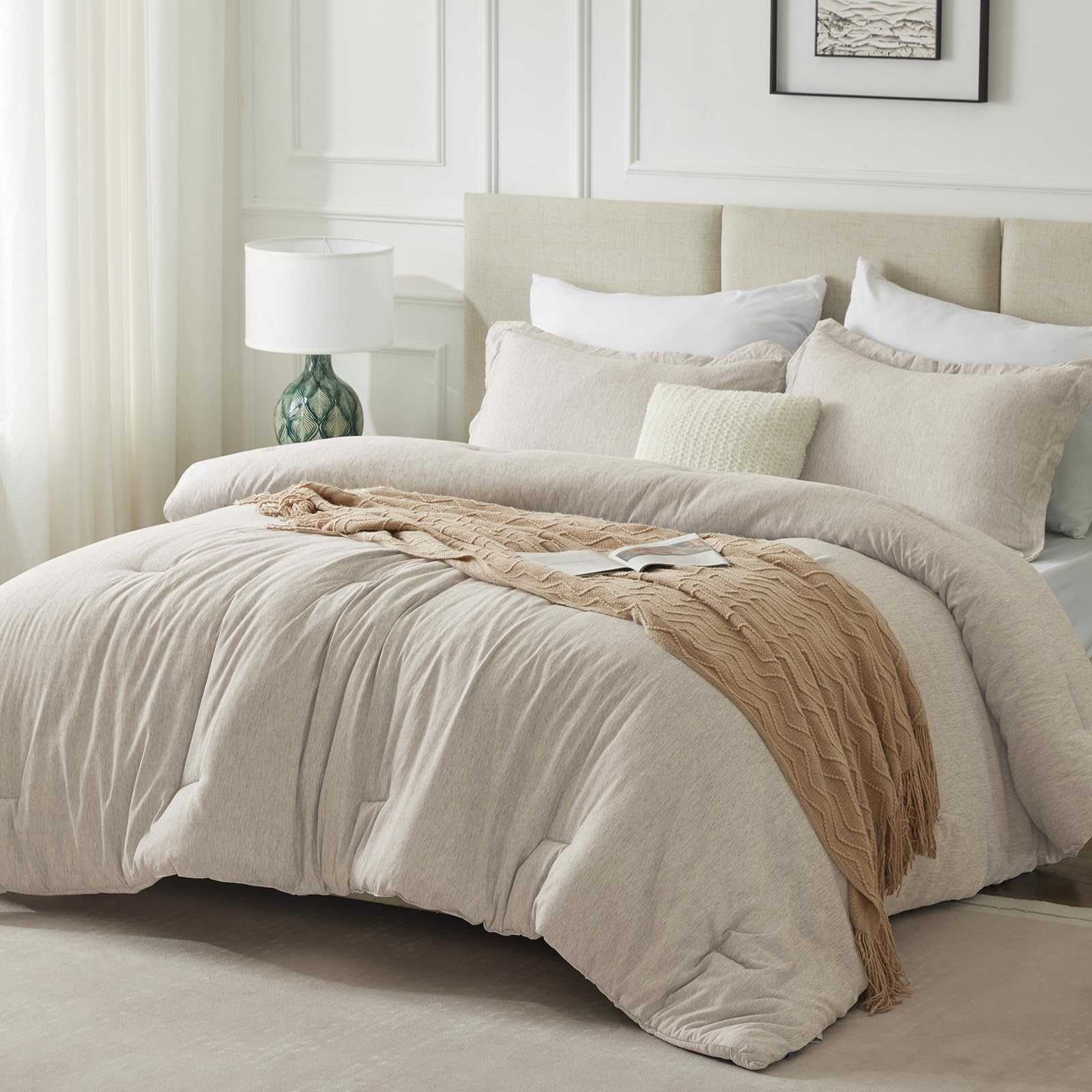 CozyLux Queen Size Comforter Set - 3 Pieces Beige Soft Luxury Cationic Dyeing Bedding Comforter for All Season, Breathable Lightweight Fluffy Boho Bed Sets with 1 Comforter and 2 Pillow Shams