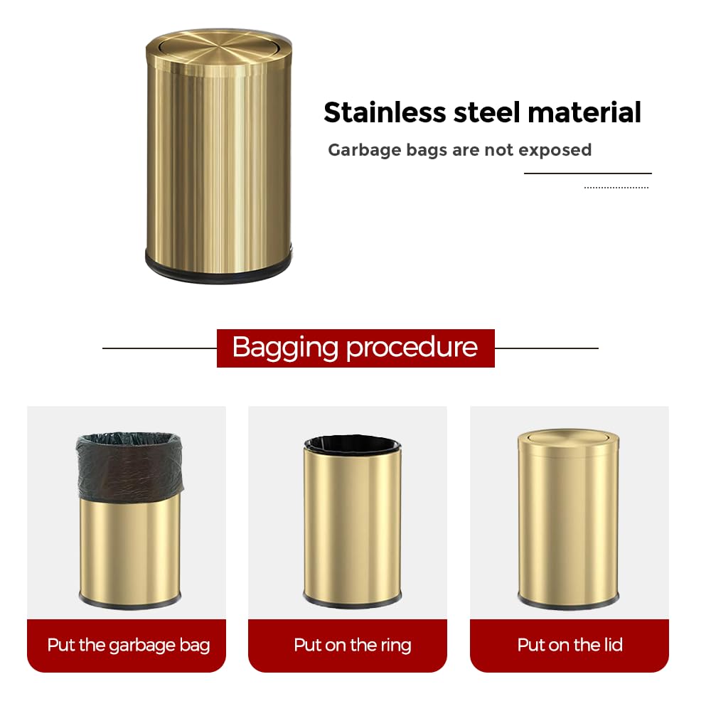 LEASYLIFE Antique Gold Trash can,Gold Bathroom Trash can with lid,Small Trash Can with Flipping Lid, 2.4gallon,Gold Garbage can for Bathroom,Laundry,Hotel,Office, Laundry Room ,Metallic Gold (Single)