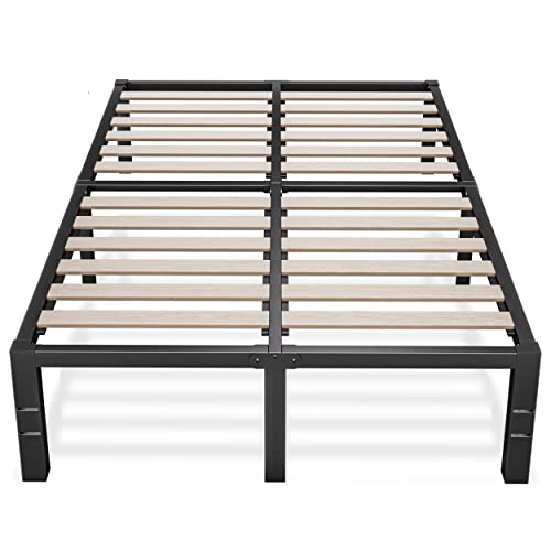 ROIL 14 inch Queen Size Bed Frame with Wood Slats - 3500lbs Heavy Duty No Box Spring Needed Platform, Mattress Stoppers Double Metal Noise Free Bedframe with Headboard Hole Underneath Storage