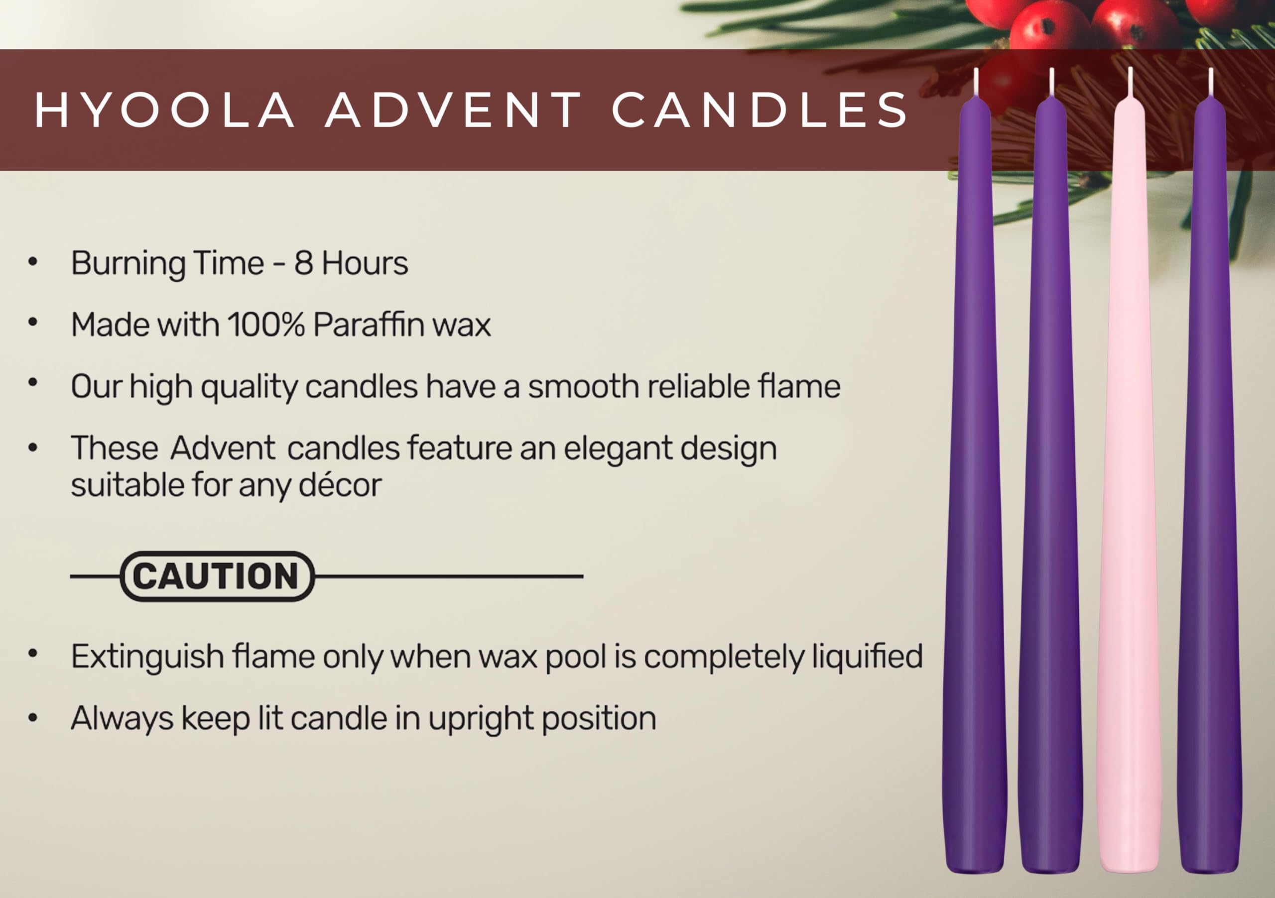 Hyoola Tall Taper Candles - 10 Inch White Unscented Dripless Taper Candles - 8 Hour Burn Time - 4 Pack