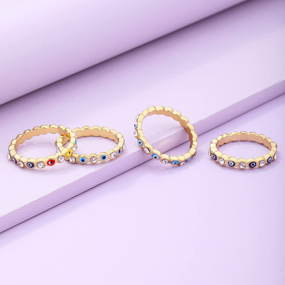 COLORFUL BLING 4 Pcs Set 14K Gold Plated Evil Eye Ring White Gold Plated Eye Ring Set Adjustable Stackable Rings Minimalist Protection Jewelry for Women Girls