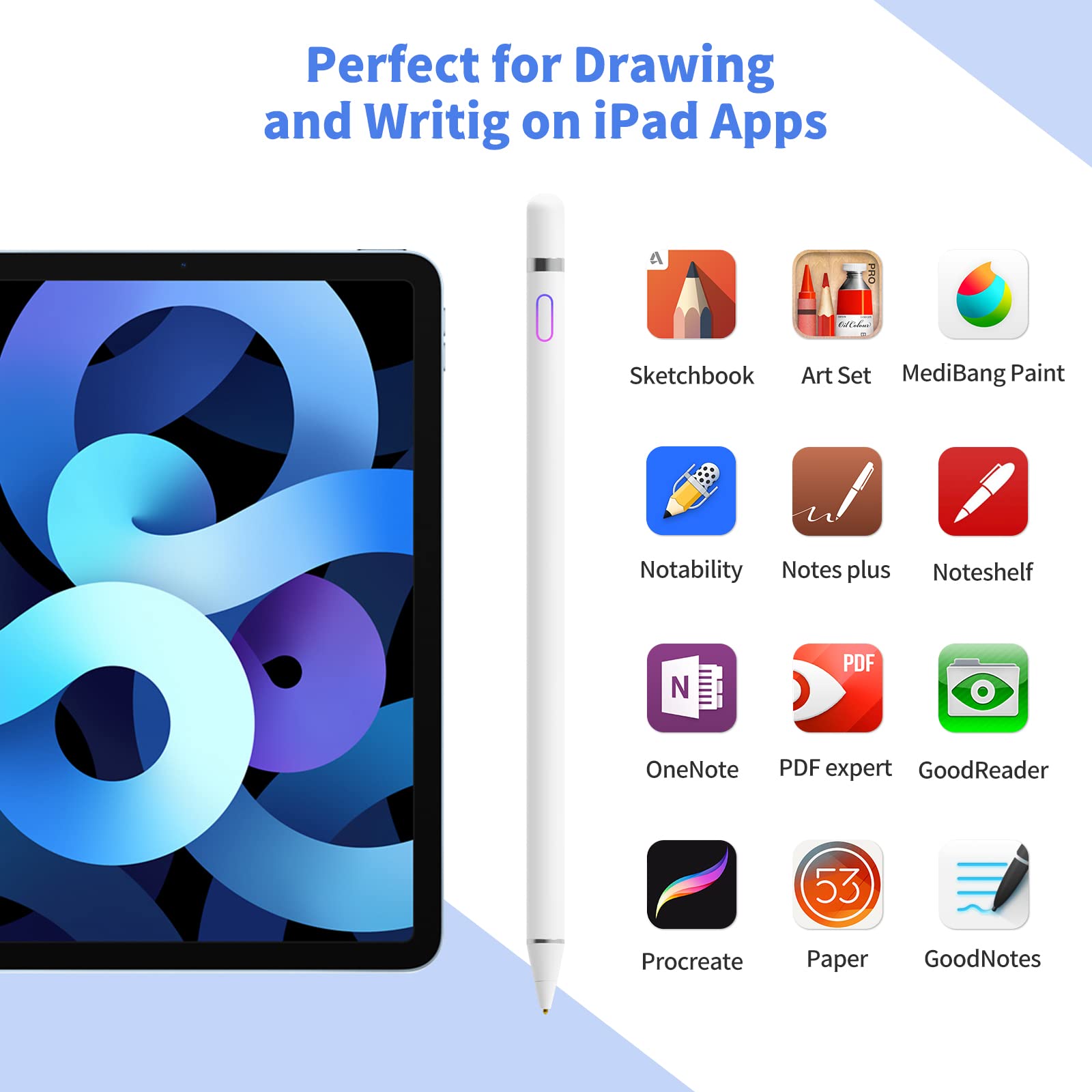 Stylus Pen for Apple iPad, Upgraded Styluses Compatible with iPad 9/8/7/6/5 Gen Air 4/3/2 Mini 6/5/4 Pro 12.9/11/10.5/9.7 Inch High Precision Alternative Digital Drawing Writing 1st 2nd Pencils