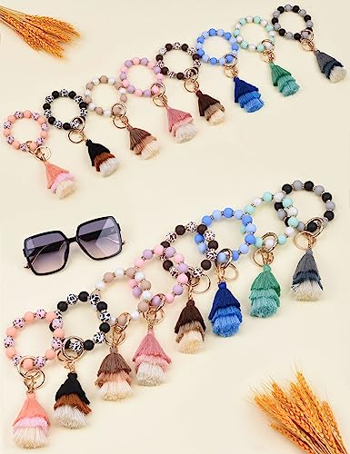 Donouzair Cute Keychain Wristlet,Silicone Beaded Key Ring Bracelet Keychain Car Holder Key Chains for Women with Gift Box(Oatmeal)