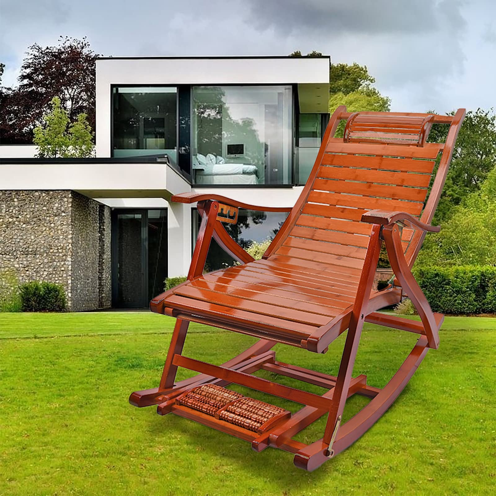 LIUDAXOG Foldable Rocking Chair Bamboo Chair Lounger Lunch Lounge Sun Chair Garden Indoor