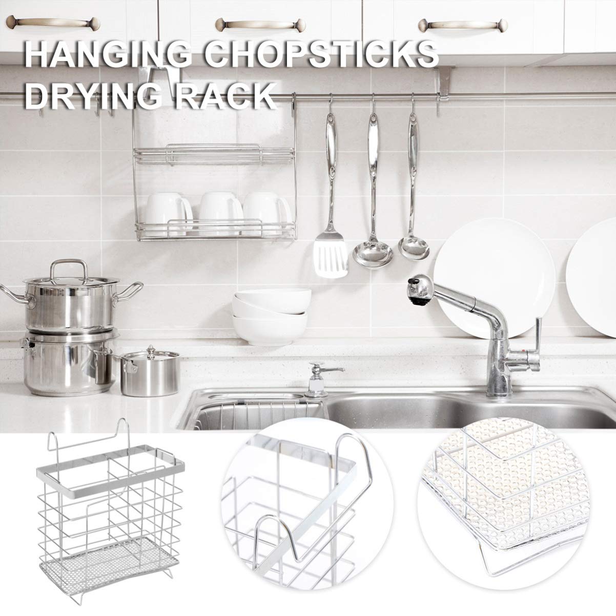 DOITOOL Dish Rack Cutlery Drainer Wall Mounted Stainless Steel kitchen Utensil holder Kitchen Utensil Storage Organizer Caddy for Chopsticks Forks Spoons Tableware Dish Drainer Rack Sponge Holder