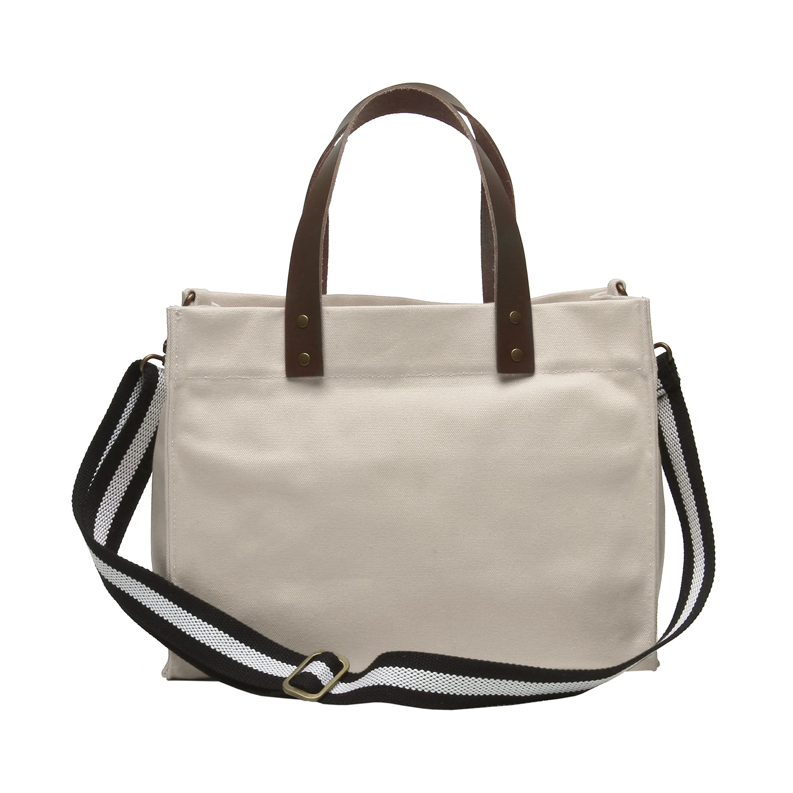 Tag&Crew Brooklyn Tote Canvas Bag with Leather Handles, Zippered Flap, 3 Pockets, Adjustable Shoulder Strap, Antique Brass Clips - Natural