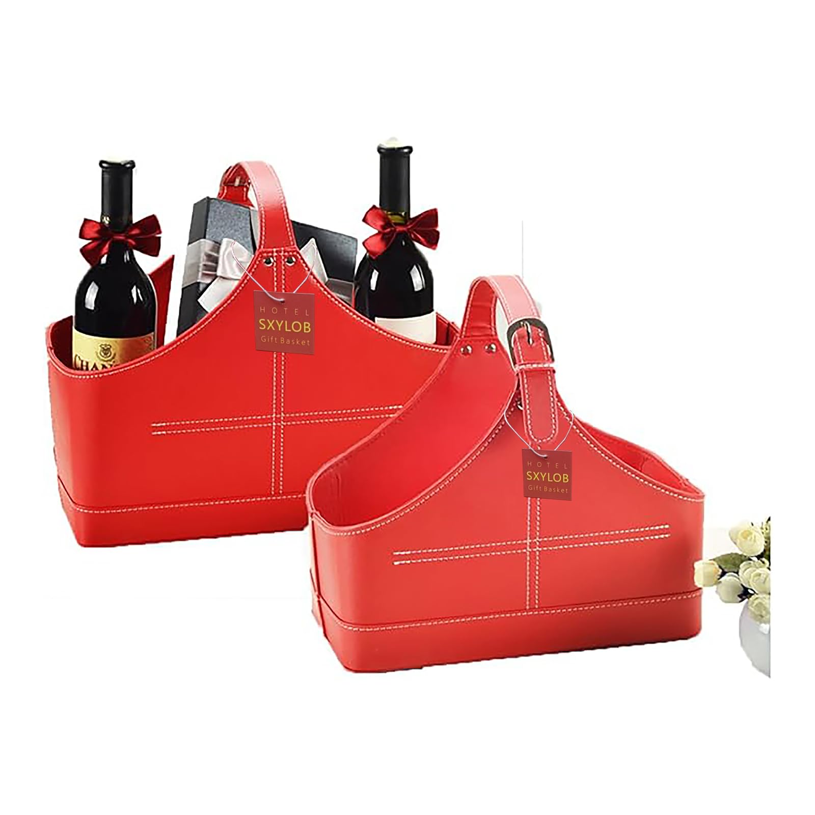 Leather Storage Basket,MDF Structure Wine Flowers Fruits Magazine Holder Rack/Bins,with Top Handle for Holiday Presents Gifts Display (Middle and Small Mixed, Red)