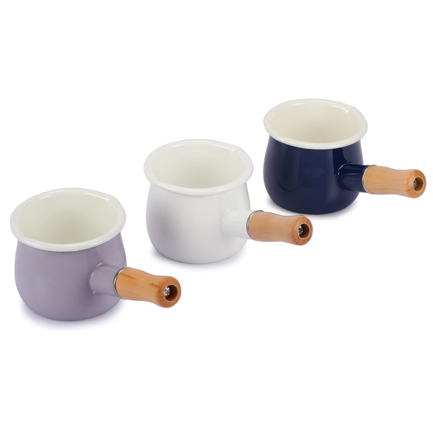 FARCADY 0.6qt Mini Enamel Milk Pot Insulated Wooden Handle 2 Pour Spouts Small Food Warmer Cute Saucepan(D015,Blue) …