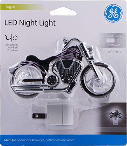 GE LED Motorcycle Night Light, Plug-In, Dusk-to-Dawn Sensor, Auto On/Off, Energy-Efficient, Soft White, Flames & Chrome Design, Ideal for Bedroom, Playroom, Bathroom, & More, Black/Silver, 10904