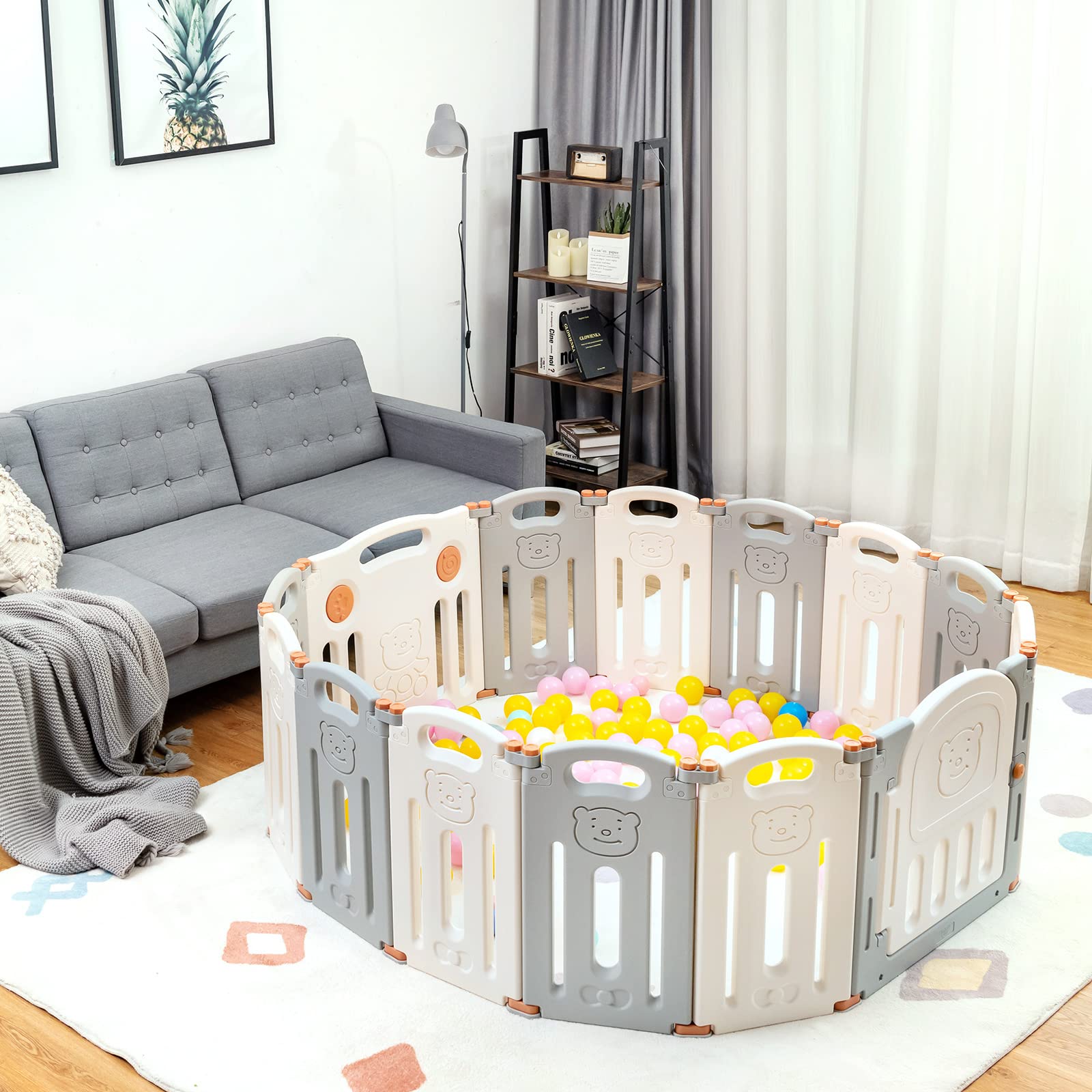 Costzon Baby Playpen, 14-Panel Foldable Large Baby Playard w/Locking Gate, Non-Slip Rubber Bases, Adjustable Shape, Portable Baby Fence Play Area Design for Indoor Outdoor Use (Beige + Gray)