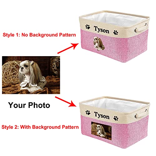 MALIHONG Custom Dog Basket for Toys Collapsible Storage Bin Grey Brow Pink Purple Blue Rectangular Pet Storage Organizer Box with Handles Medium Customized Name & Photo