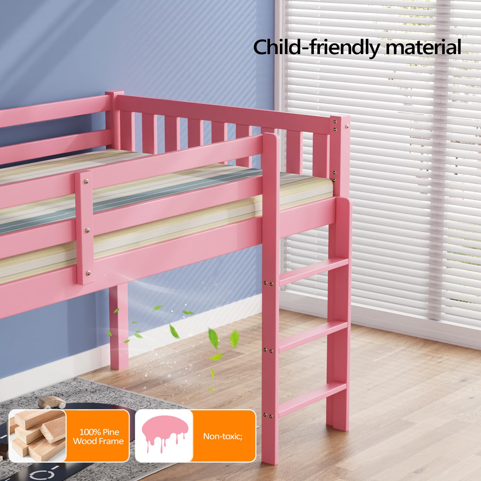 JOYMOR Low Loft Bed Twin Size with Stairs, Wooden Toddler Loft Bed for Kids, Junior,Young Teens,Pine Wood Twin Bed Frame, Space-Saving Design, No Box Spring Needed, Pink