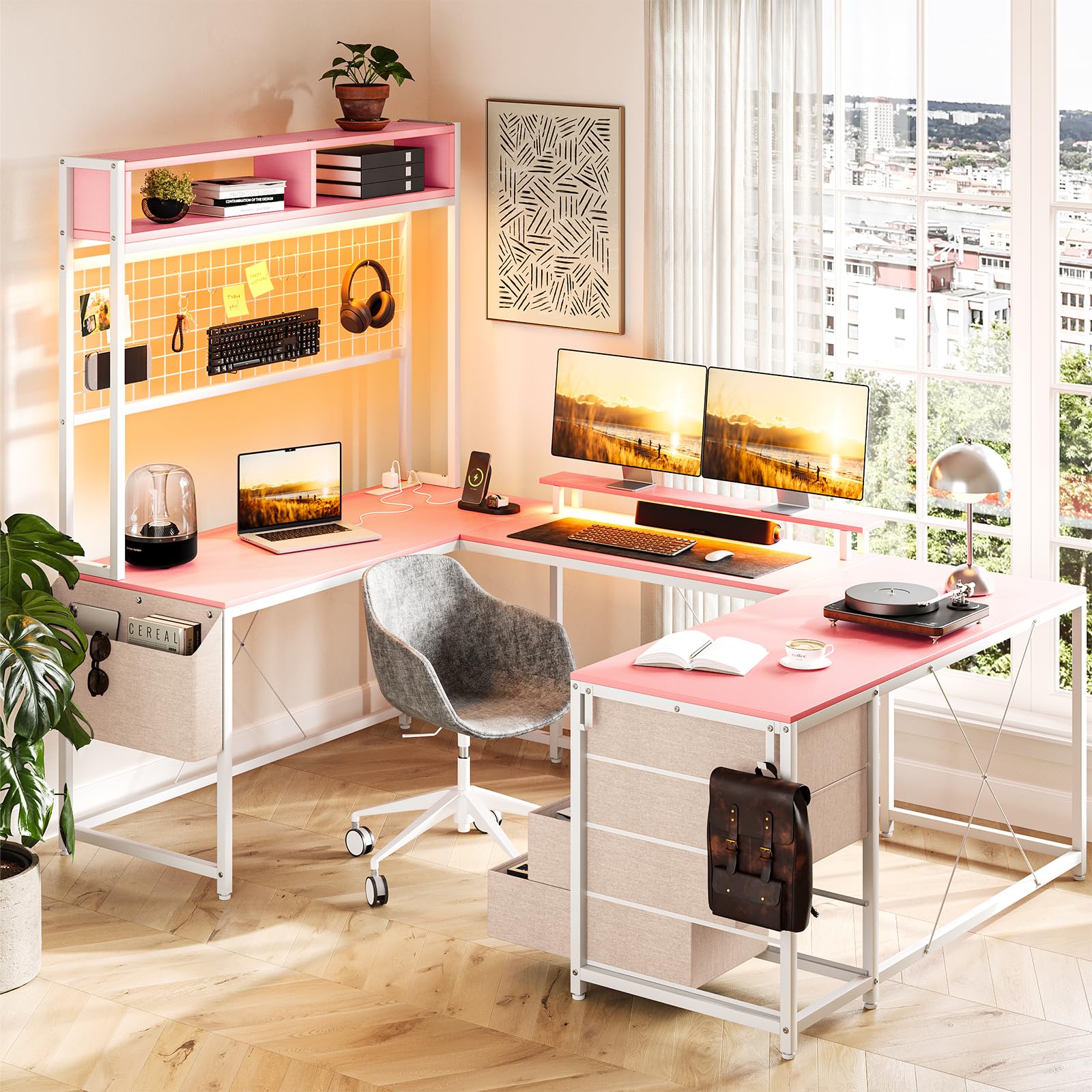 Harmobitat U Shaped Computer Desk with Monitor Stand and LED Lights, Computer Gaming Desk with Storage Shelves, Large U- Shape Desk with Power Outlets, Corner Office Desk with 4 Drawers, Pink