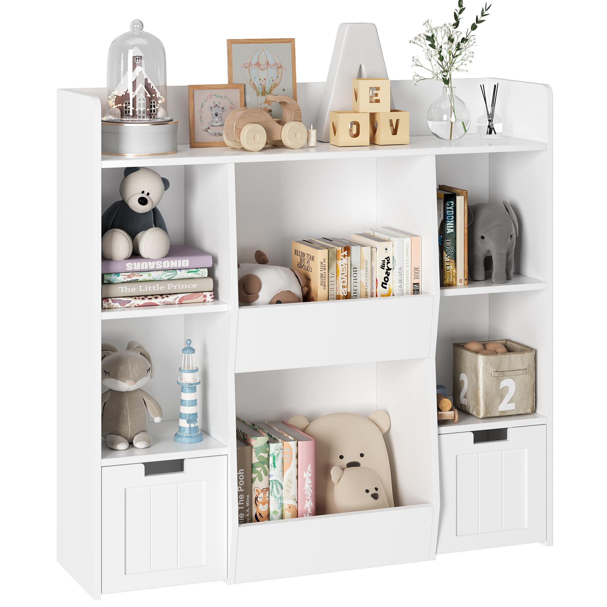 GarveeHome Large Toy Storage Organizer,Kid's Bookshelf with 2 Movable Drawers and 6 Storage Cubbies,Toy Chest for Kids Room,Playroom,Classroom,Nursery, White