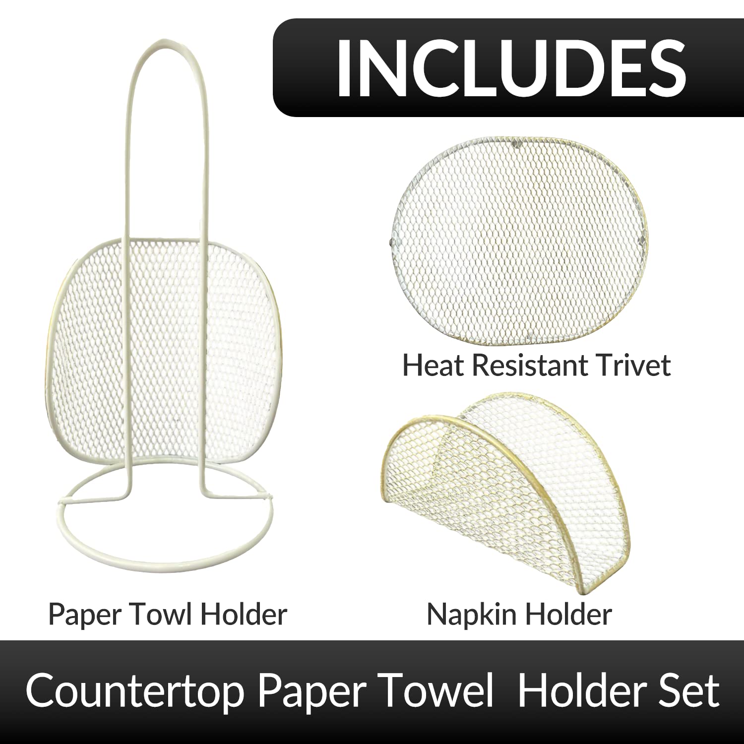 Countertop Paper Towel Holder Set with Table Napkin Holder and Trivet Mat for Hot Pots and Pans, Decorative Cast Iron Towel Stand for Kitchen Counter, Home Decoration Kitchen Accessories