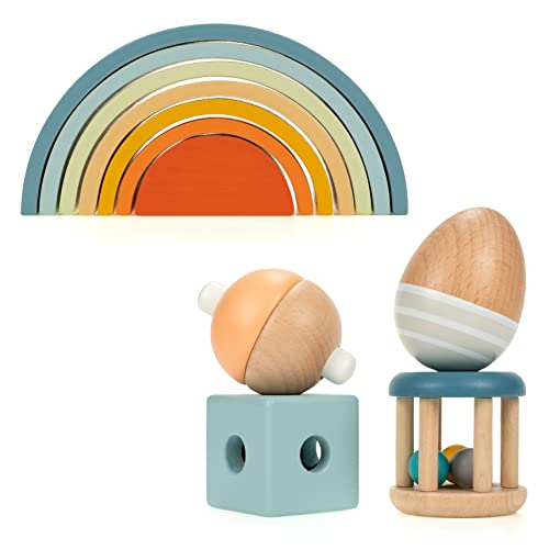 DUCKBOXX XX Wooden Toys Bundle (2 Pack) : Rainbow Stacker (Summer Color - 7pcs) & Rattles (4pcs)