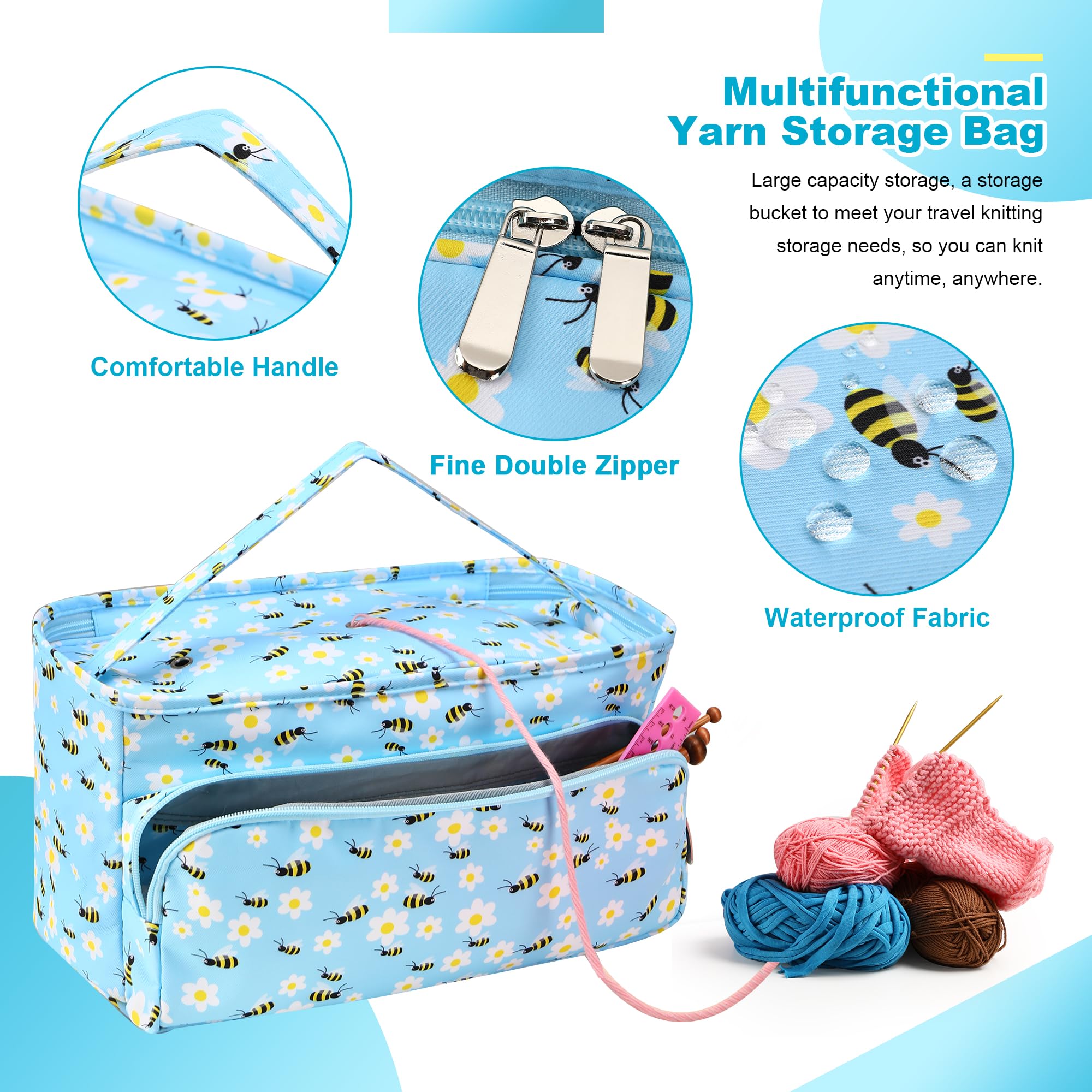 JOZEA Crochet Bag,Yarn Storage Organizer Tangle Free with 3 Grommets, Knitting project Bag and Totes Organizer Large Craft Supplies Bag(Honeybee)