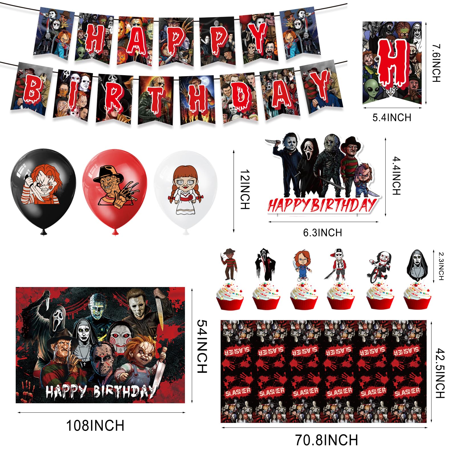 Horror Classic Movie Birthday Supplies, Horror Themed Character Party Decorations Includes Banners, Cake Toppers, Balloons, Cupcake Toppers, Backdrop, Tablecloths, Scream Party Gift for Fans Kids