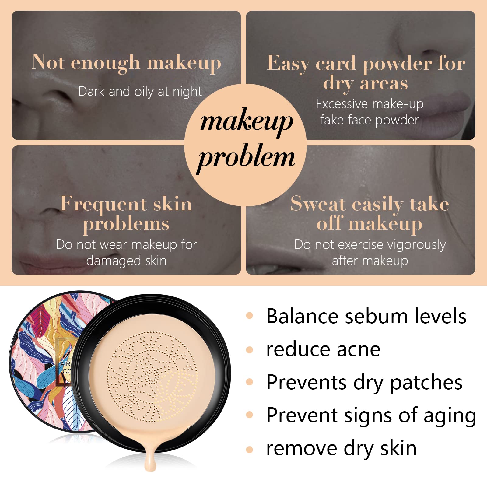 FRDUGA Air Cushion CC Cream，BB Cream Foundation，Mushroom Head Air Cushion CC Cream, Moisturizing Concealer, Makeup Long Lasting Matte,Easy to Apply (Natural)