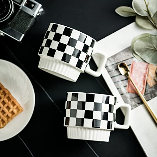 Miamolo Stackable Coffee Mug Set of 4 with Rack 11 oz Tea Cup Set with Tea Spoon Perfect for Coffee, Tea, Cocoa, Milk Chessboard Black and White Pattern Coffee Mug as Christmas Gifts