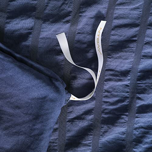 NTBAY 3 Pieces Queen Duvet Cover Set, Seersucker Textured Stripe Washed Microfiber Comforter Cover with Zipper Closure, 90x90 Inches, Navy Blue