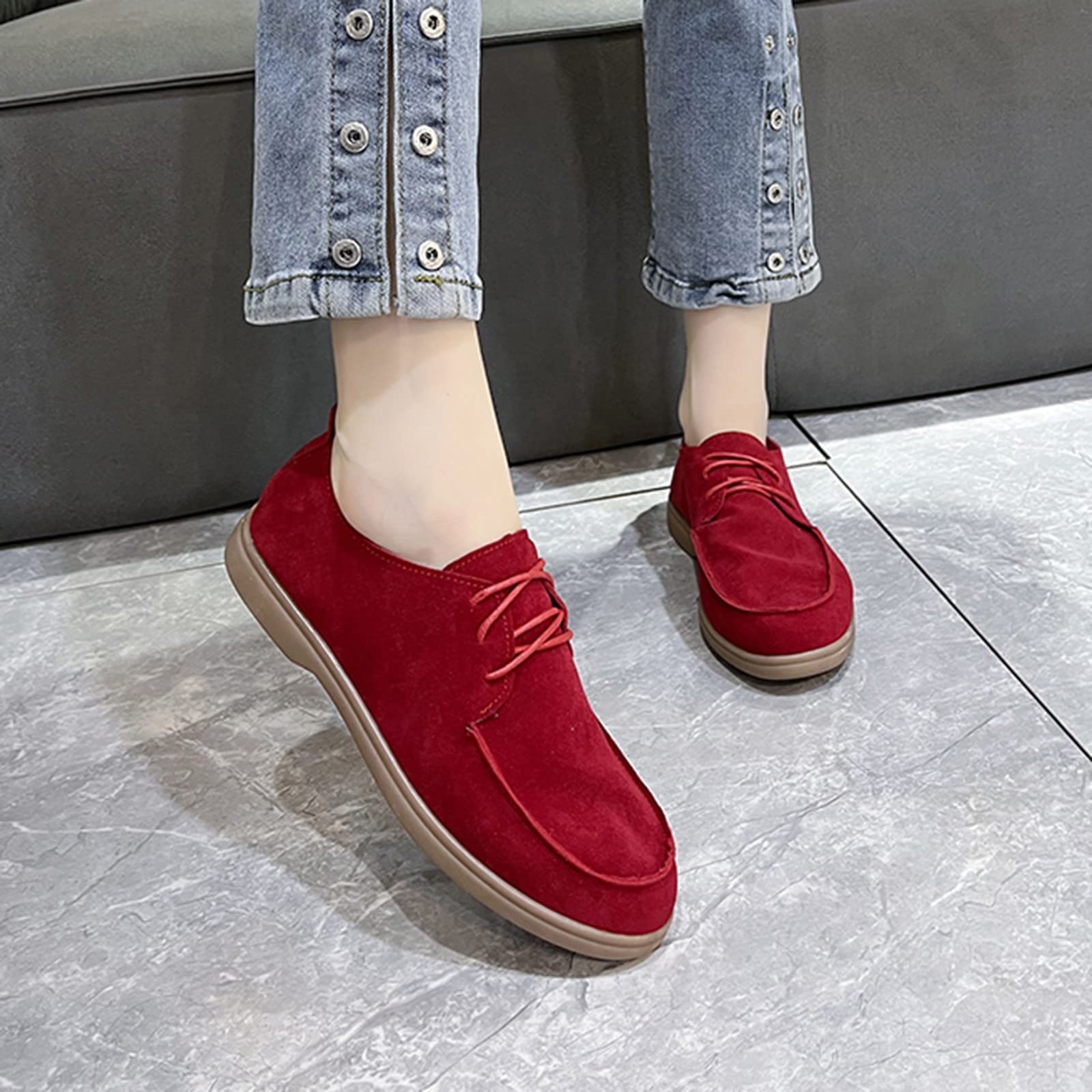 FASDNENDYS Suede Flat Front Lace Up Casual Flock Single Shoes Causal Shoes Women's Rain Boots Size 10 Red