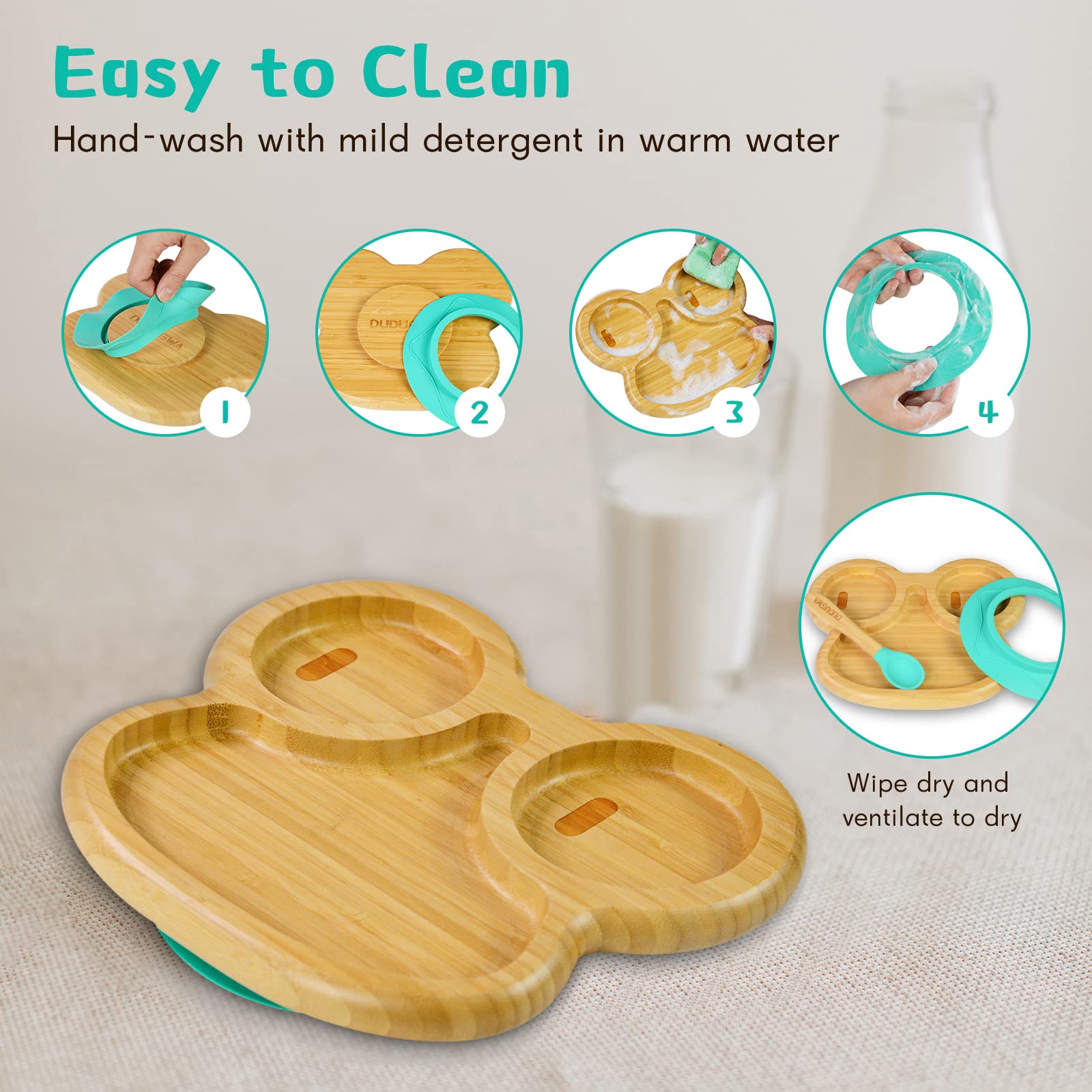 DUDUGWA Bamboo Baby Plates, Bamboo Suction Plates for Babies, Removable Silicone Suction Cup for Kids and Toddlers with Spoon, 6 Months and Older, Frog Plates