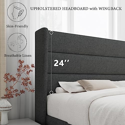 iPormis Full Size Bed Frame with Wingback, Modern Upholstered Platform Bed with 8'' Under-Bed Storage, Fabric Headboard, Wood Slats Support, No Box Spring Needed, Noise-Free, Easy Assembly, Dark Gray