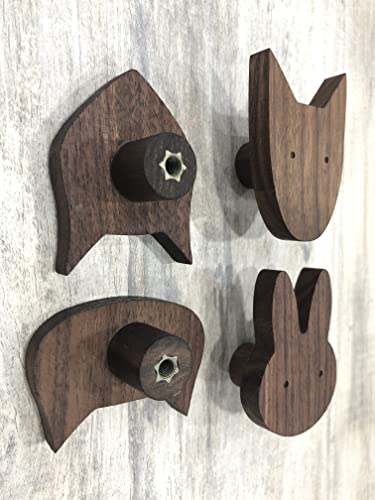 Tsnamay 4 Pack Animal Wood Wall Hooks, Black Walnut Unfinished Solid Wood Coat Hooks Wall Mounted for Hanging Bathroom Towels Clothes Hanger,Pattern Rabbit Cat Dog Fox