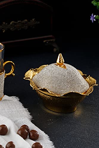 Swarovski Crystal Coated Handmade Brass Sugar Chocolate Candy Bowl Serving Dish with Lid & Spoon (Gold)
