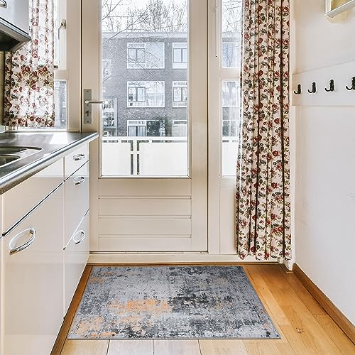 Fashriend Katina Abstract Pastel Entry Rug, 2'×3' Distressed Aesthetic Modern Rug, Non Slip Thin Machine Washable Rug, No Shedding Door Mat with Low Pile for Entrance, Laundry, Kitchen, Bath, Grey