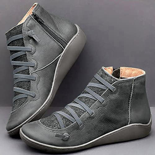 FASDNENDYS Women's Casual Flat Leather Retro Lace-up Boots Side Zipper Round Toe Shoe Boots Women Memory Foam Grey