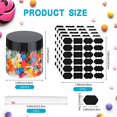 Mimorou 100 Pcs Plastic Jars with Lids Wide Mouth Round Clear Containers, Black Pen and Labels Refillable Airtight Travel Storage Leak Proof Small for Storing Dry Food, Makeup, Honey, Butter (2 oz)