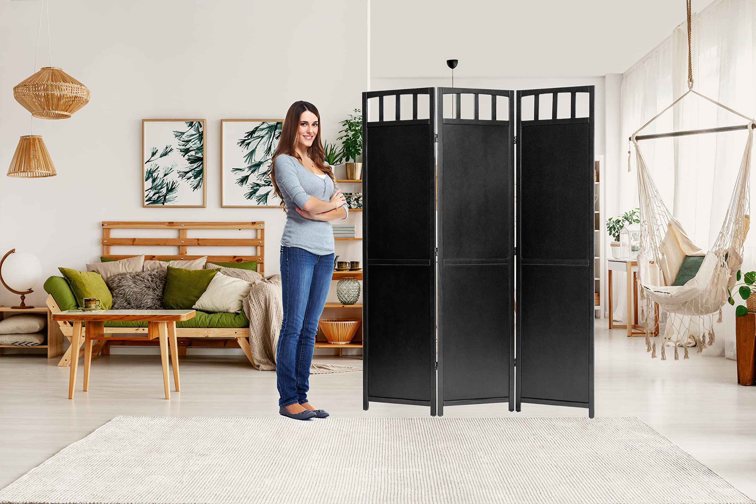 Legacy Decor 3 Panels Solid Wood Privacy Screen Room Divider Black Finish 5.8 ft Tall