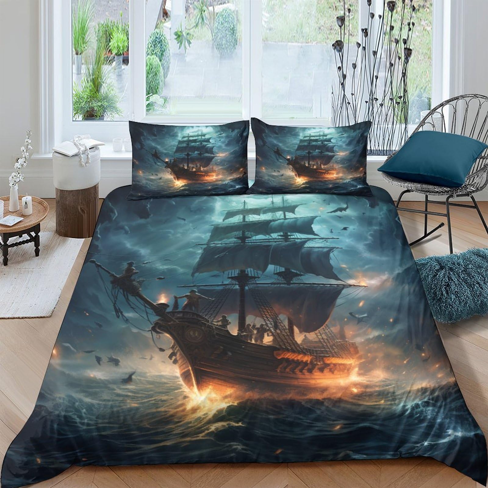 ERGTT Pirate Ship for Boys Girls Duvet Cover 3D Print Ship Quilt Cover Comforter Covers Bedding Set with Pillow Cases with Zipper Closure Soft Microfiber 3 Pieces Full(203x228cm), Style-8