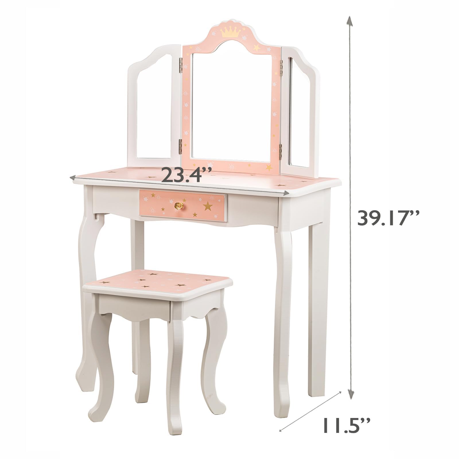 Hobbyfield 2-in-1 Princess Vanity Set,Princess Makeup Table with Mirror, Stool, Tri-Folding Mirror & Drawer,Pretend Play Dressing Table for Toddler Girls(Star Pink)