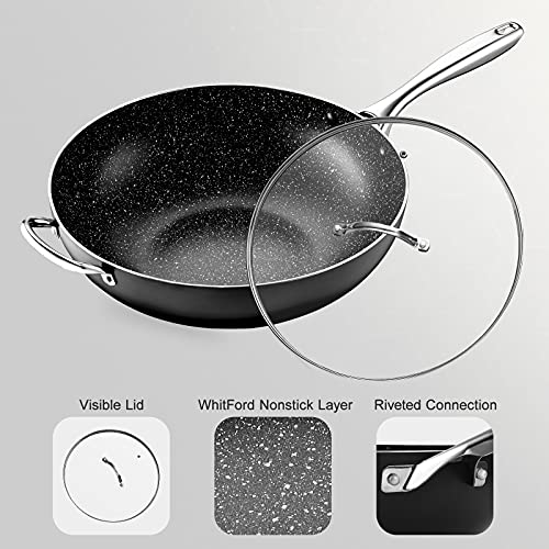 CSK Stir Fry Pan - Wok Pan with Lid, Nonstick Frying Pan with Ergonomic Handle and Flat Bottom, APEO & PFOA-Free Stone-Derived Non Stick Coating,14inch, Black & Gray Black(14 inch)