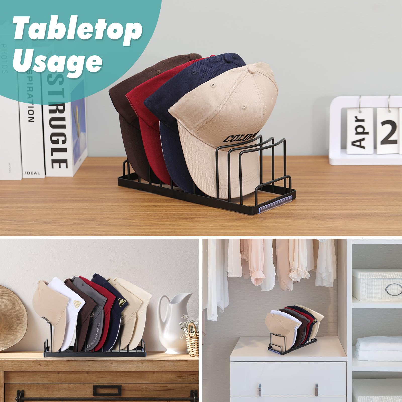 Hat Organizer,Metal Baseball Cap Hat Rack For Wall, Baseball Cap Display And Storage Rack Hat Rack, Tabletop Hat Racks For Baseball Caps For Bedroom, Closet, Dresser, Entrance (Black-2Pack)