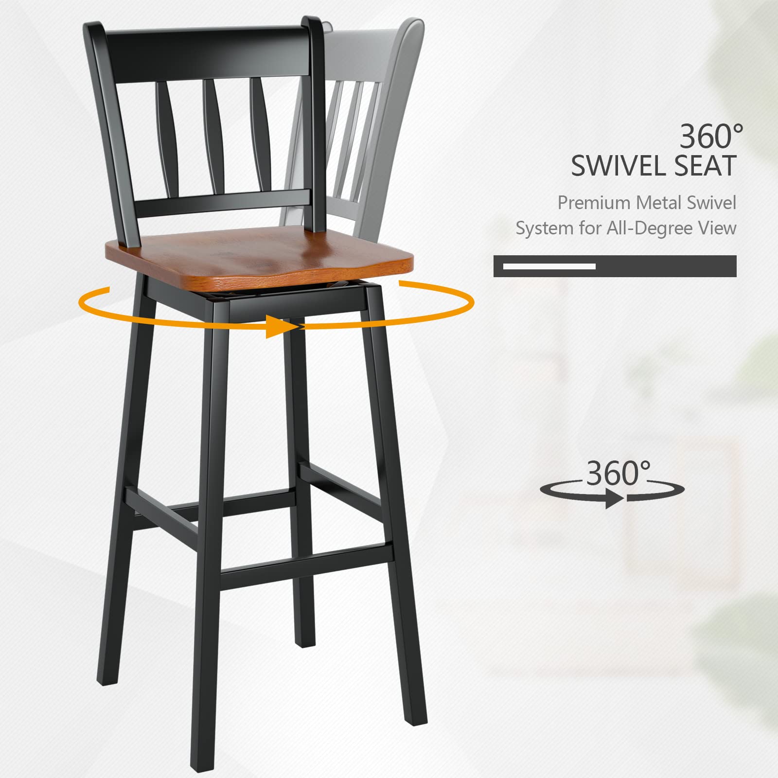 COSTWAY Bar Stools Set of 2, 30.5 Inch Solid Rubber Wood Bar Chairs with 360 °Swiveling, Footrest, Swivel Pub Height Barstools with Back Ideal for Kitchen Island, Counter, Pub(Set of 2, Black)