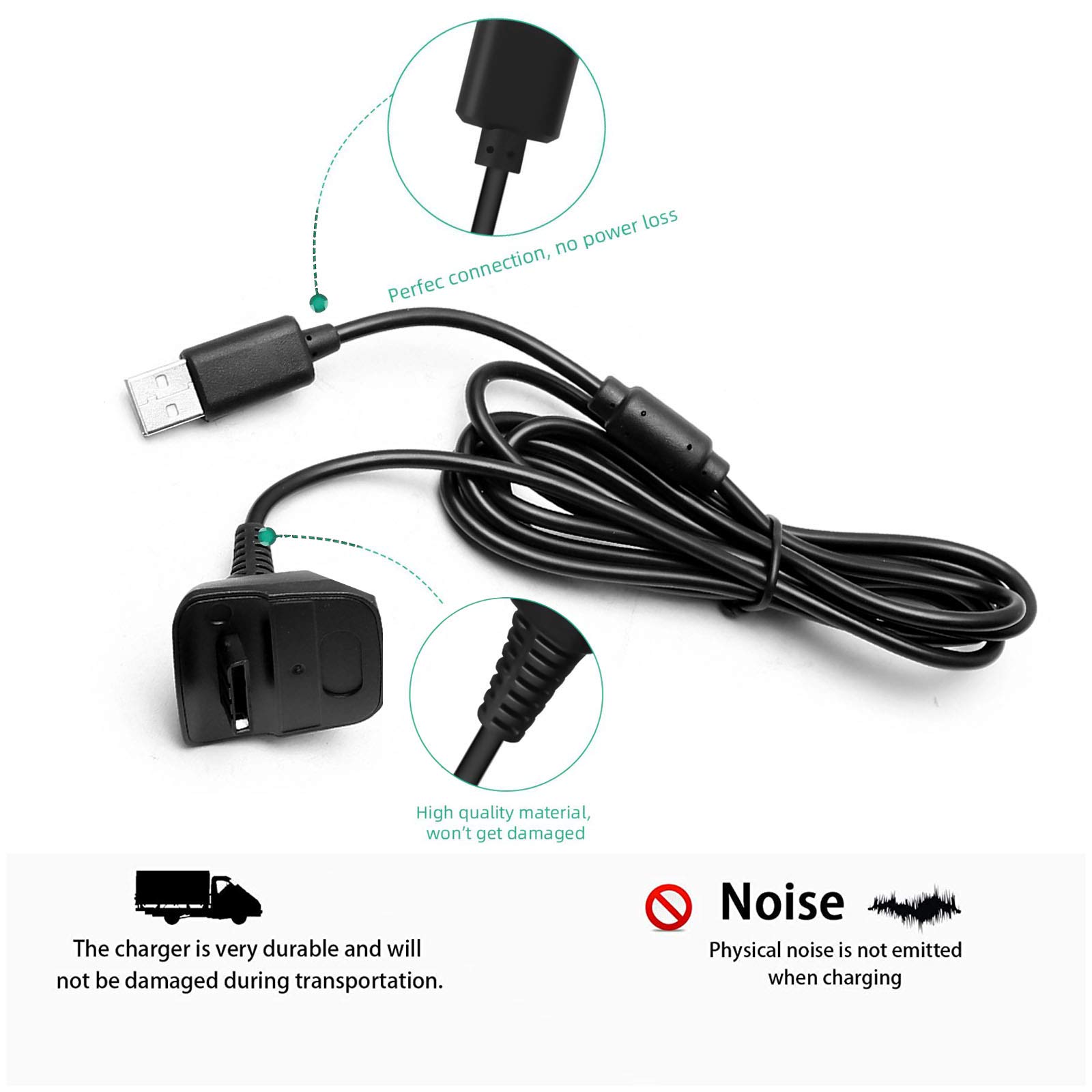 Charger Charging Cable Cord Wire for Xbox 360 Game Controllers, USB 2.0 Data Sync Charging Cable Cord Compatible with Microsoft Xbox360 / Xbox 360 Game Controllers (Black)