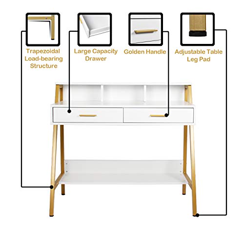 COZUHAUSE White and Gold Modern Computer Desk Simple 39 inch Home Office Desk Writing Desk with R Shaped Metal Legs,2 Storage Drawers Makeup Vanity Study Console Table