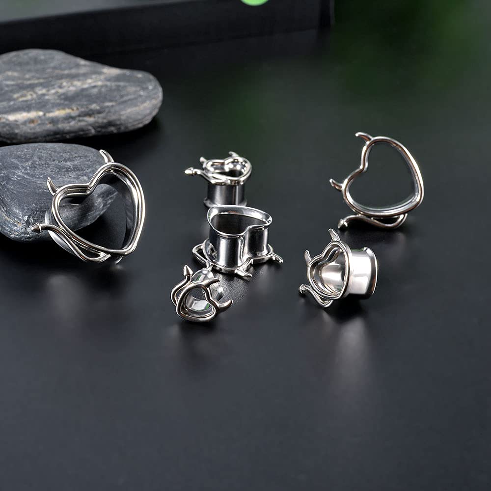 COOEAR 1 Pair Ear Tunnels Flesh Plugs Heart Style Gauges Silver Women Men Stretchers Demon Expander 0g to 1 inch.