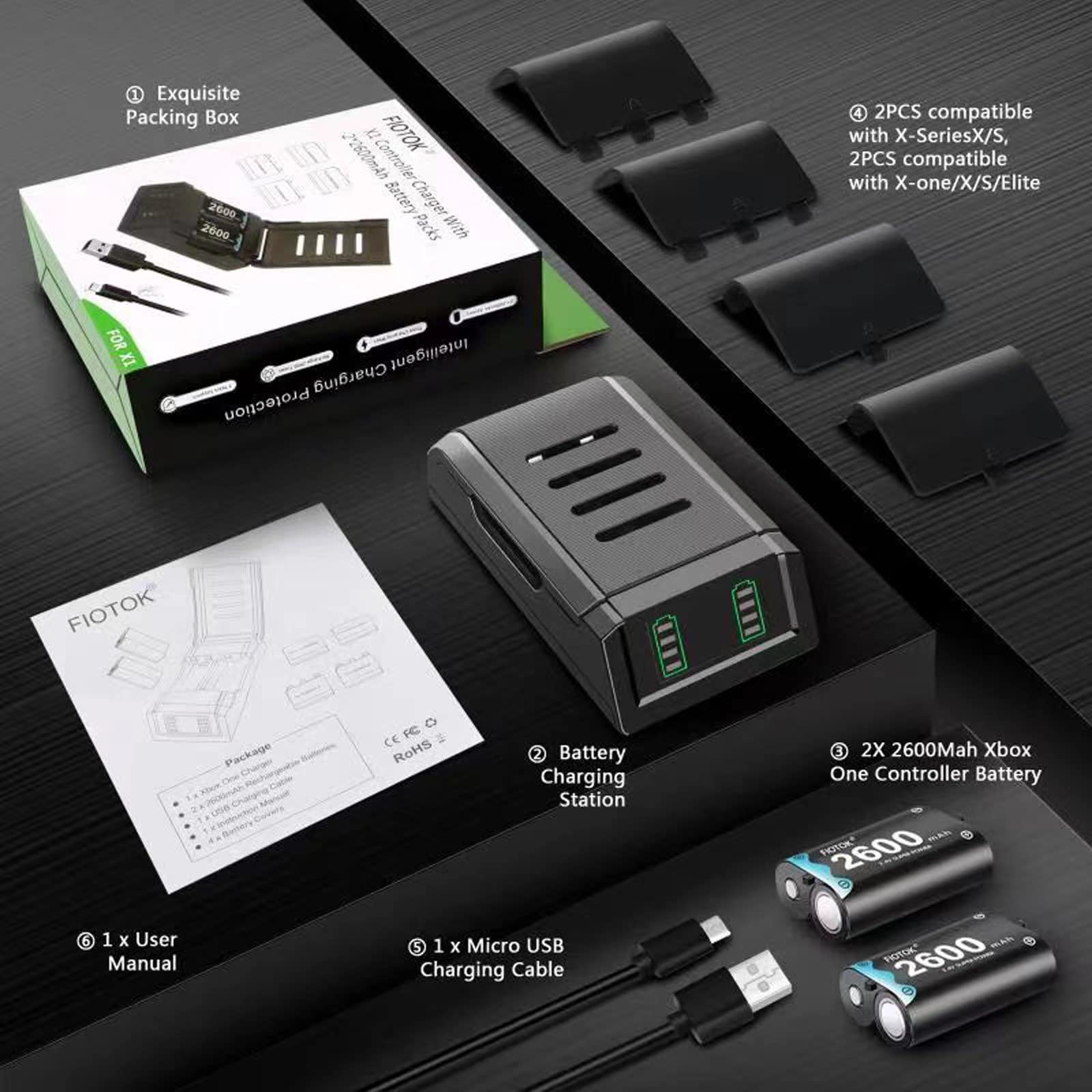 Charger for Xbox Controller Battery Pack, FIOTOK 2x2600 mAh High Capacity Xbox Rechargeable Battery Pack with Fast Charger Station, Led Indicator,4×Battery Cover for Xbox One/S/X/Elite/Series X|S