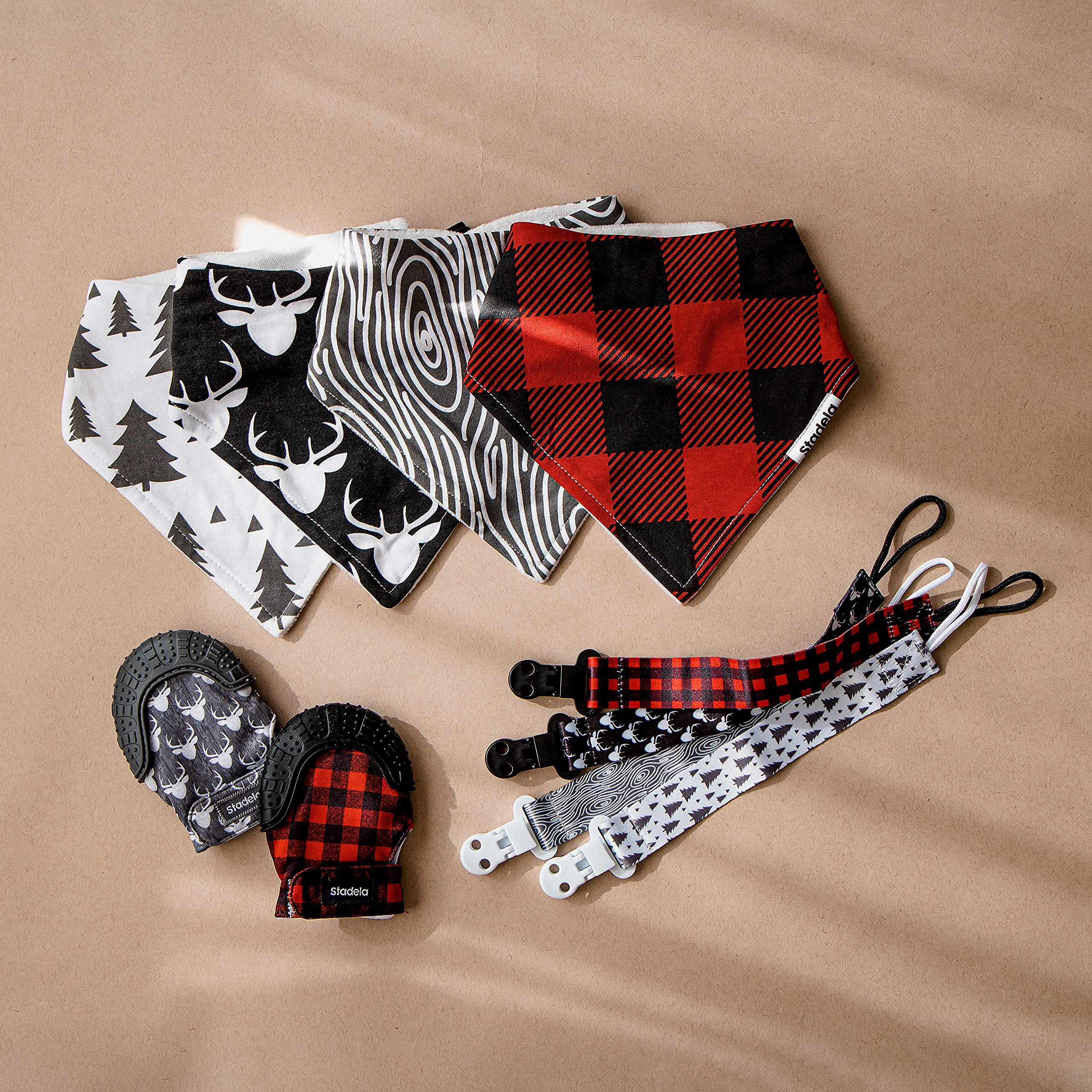 Stadela Baby Soothing Teething Mittens, Food Grade Silicone Teether Toy with Travel Bag for Boy, 2 pcs, Woodland Forest Deer Buffalo Plaid (Lumberjack)