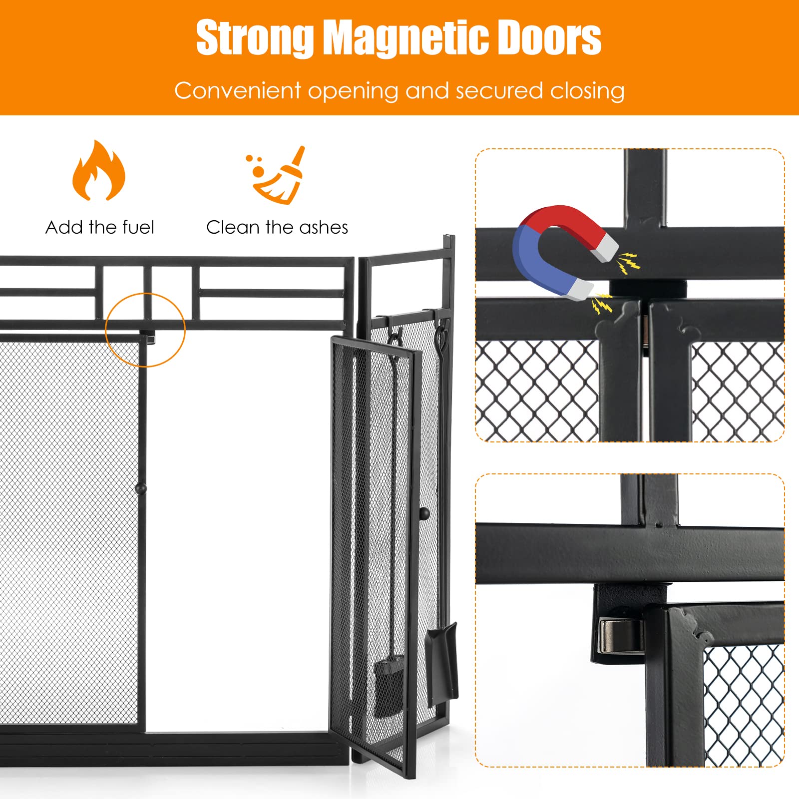 Tangkula 3-Panel Folding Fireplace Screen with Magnetic Hinged Doors, Fire Spark Guard with Fireplace Tools Set, Wrought Iron Decorative Mesh Cover with Wood Burning Stove Accessories, Black