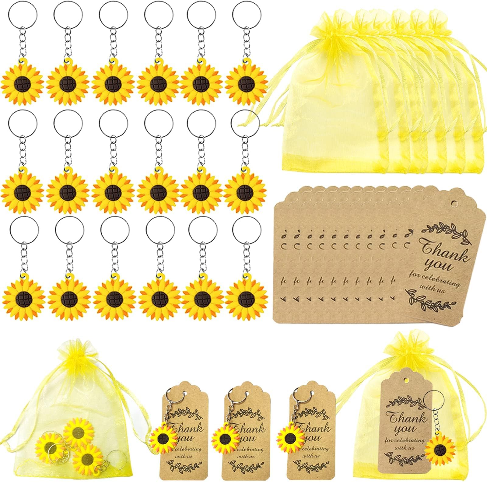 PPXMEEUDC 72 PCS Sunflower Party Favors Set Include Sunflower Keychains Organza Bags Thank You Kraft Tags for Party Supplies School Reward Birthday Wedding Baby Shower Return Present