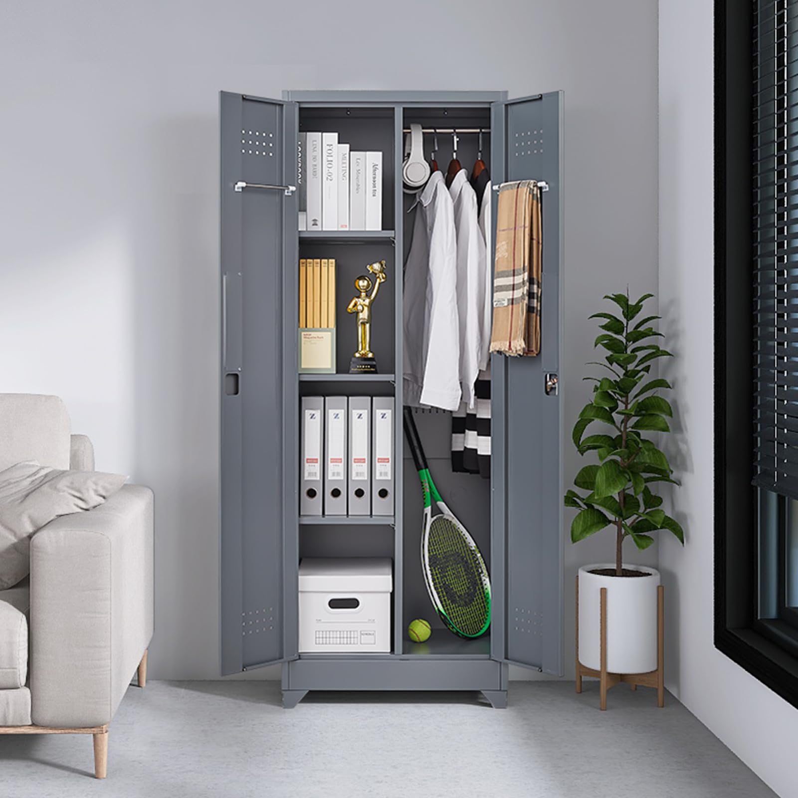 GREATMEET Broom Closet Storage Cabinet with Locking Doors,65" Metal Storage Cabinet with Hanging Rod,Garage Storage Cabinet Grey+White