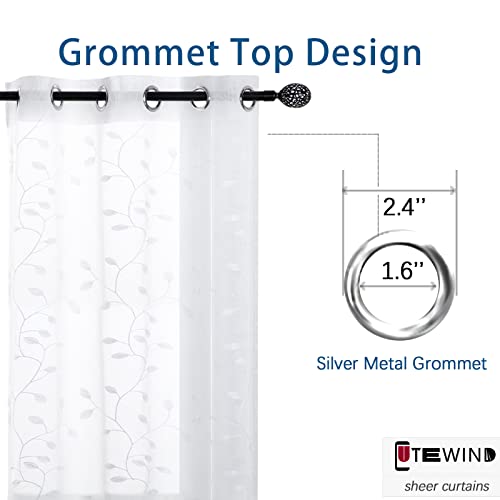 CUTEWIND White Sheer Tier Curtains 24 Inches Long for Kitchen/Bathroom Short Tier Curtains Leaves Embroidery Grommet Top Small Half Window Treatment (2 Panels, White, W30×L24 Inches)