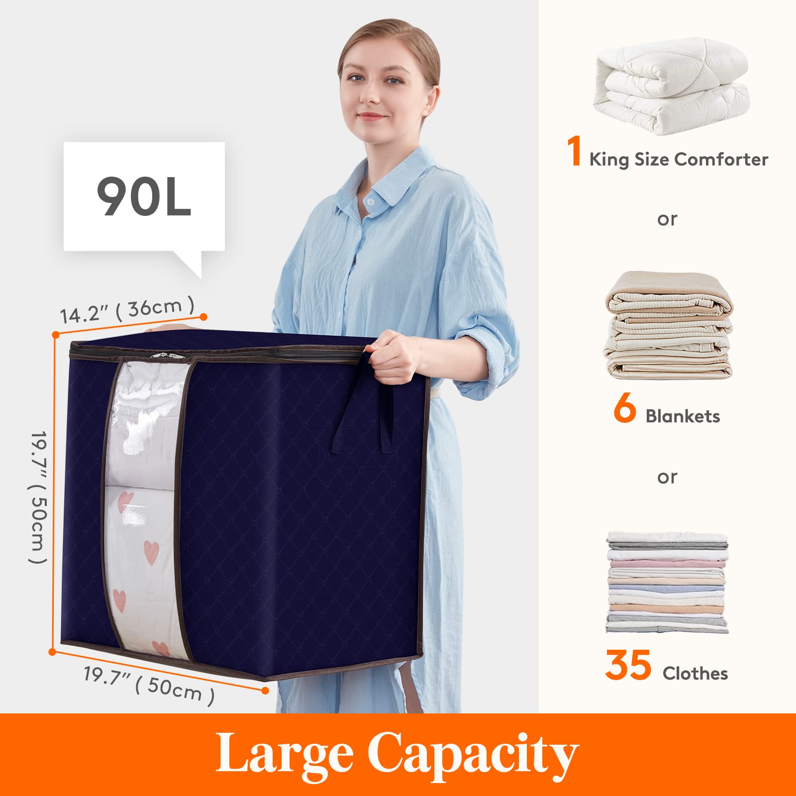 Lifewit Clothes Storage Bag 90L Large Capacity Organizer with Reinforced Handle Thick Fabric for Comforters, Blankets, Bedding, Foldable with Sturdy Zipper, Clear Window, 5 Pack, Grey